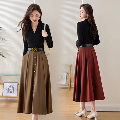 高端精致洋气撞色拼接连衣裙女2024年春秋新款收腰显瘦百搭长裙子