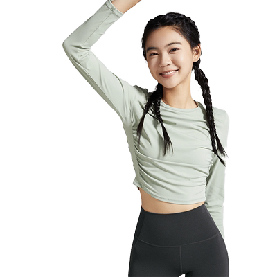 Esqua Athleisure 长袖T恤修身腰侧抽褶瑜伽上衣吸湿透气运动