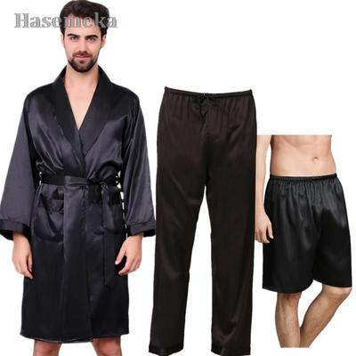 3 PCS 100% Real Silk Robe Pants Pajama Set For Men Kimono Ho