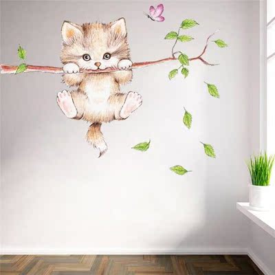 Cute Cat Butterfly Tree Branch Wall Stickers for Kids Rooms