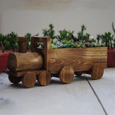Retro Wooden Train Flower Pot Succulent Plant Potted Bonsai