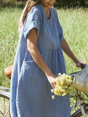 2022 seven color round collar cotton sleeve dress female