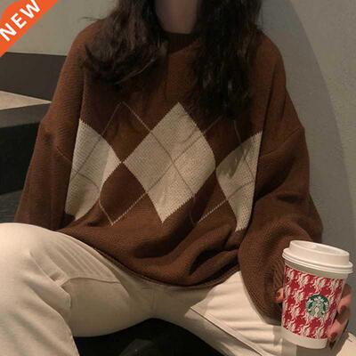 Women Argyle Knitted Sweater Autumn Winter O-Neck Oversized