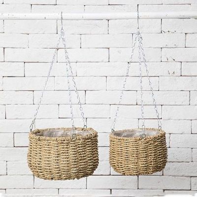 Handmade Grass Woven Hanging Planter Basket Plant Flower