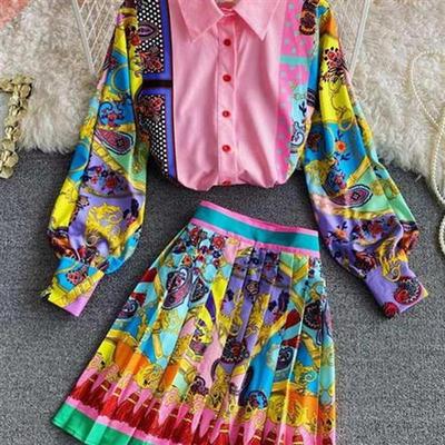 Women Fashion Luxury Print Shirt Top   Pleated Mini Skirt Ne