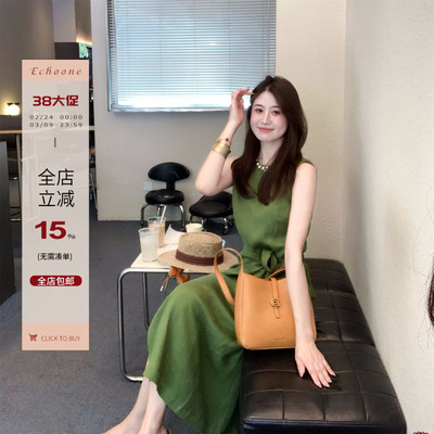 Echoone天丝亚麻绑带连衣裙