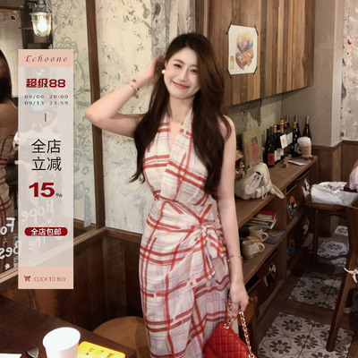 Echoone格纹绑带连衣裙