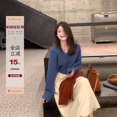 Echoone羊毛V领宽松毛衣