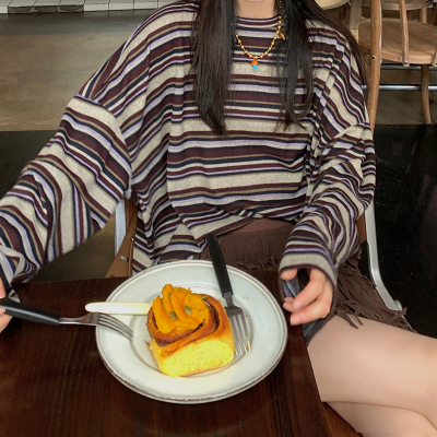 条纹针织长袖T恤女打底衫慵懒风