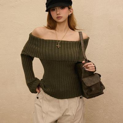 Herstory 法式简约一字肩斜肩长袖针织堆叠长袖上衣毛衣打底衫