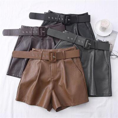 2023 New PU Leather Shorts Women Shorts All-match Sashes Wid