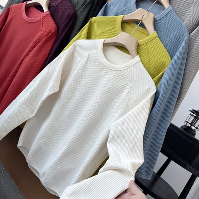 日系休闲华夫格男女百搭吸湿透气排汗松弛感圆领长袖T恤50465