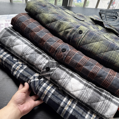 有大码！北美小众格纹绗缝夹棉秋冬美式复古工装衬衫夹克潮S10750