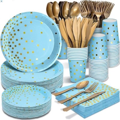 Bronzing polka dot blue tableware set paper cup paper plate