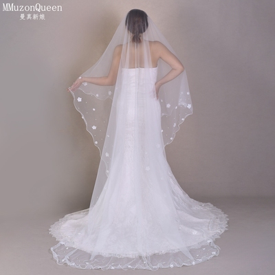 曼真无发梳花朵珍珠头纱新娘森系婚礼婚纱礼服双层网纱配饰V217A