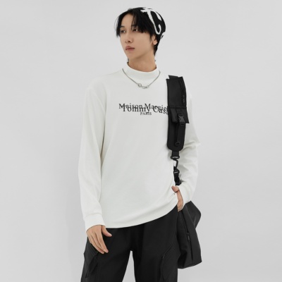 HXTIDE中国狐轩男装秋季中领长袖T恤纯色打底衫内搭合体男士黑白