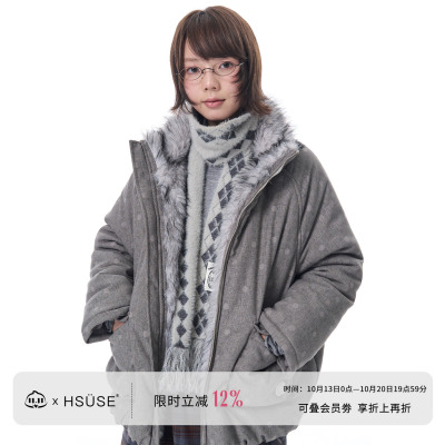 HSUSE曙色原创设计重磅波点毛绒羽绒棉高领立体中长款棉服