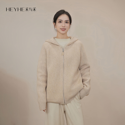 绵羊毛三色纱老钱连帽针织开衫女