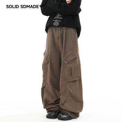 SOLIDSDMADE 美式潮牌大口袋工装裤子男秋季百搭宽松阔腿休闲长裤