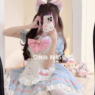 奶兔姬*喵喵恋语/ 可爱女仆装猫咪软妹cos蓝粉狗短lolita连衣裙