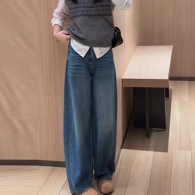 复古蓝色高腰显瘦阔腿牛仔裤女秋
