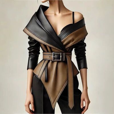 PU Faux Leather Jacket for Women's One Shoulder Splice Irreg