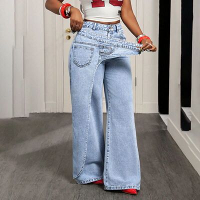 Women Designer Denim Pant Jeans Vintage Wide Leg Big Pockets