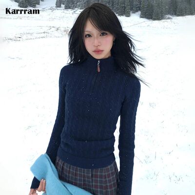 Karrram Japanese Y2k Slim Pullover Vintage Harajuku Navy Blu