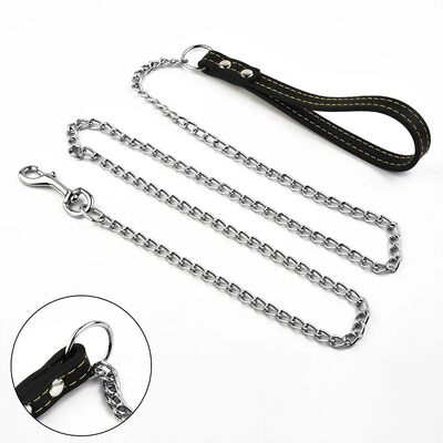 Metal Chain Dog Lead with Leather Style Handle Strong Contro