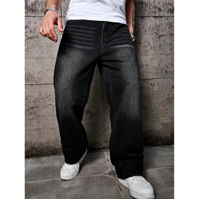 1pc Vintage Style Men's Black Washed Distressed Loose Wide L