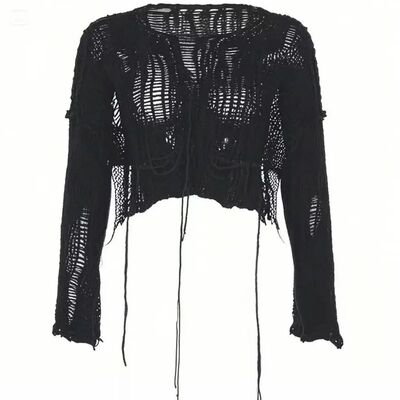 Y2k Cropped Hole Sweater Sexy Gyaru Hollow Out Knit Pullover