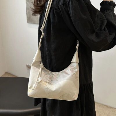 Sweet Embroidery Shoulder Bag Nylon Texture Pearl Pendant Cr