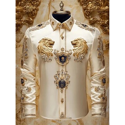 Men Luxury Western Lion Long Sleeve Button Up Shirt Floral G