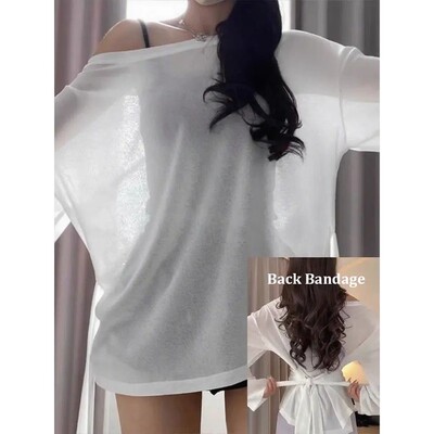 See Through Long sleeve Oversize T shirt Women Sexy Back Ban