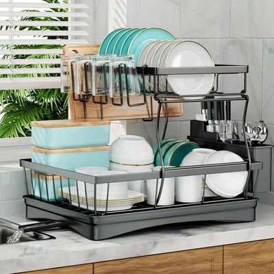 Large 2-tier dish drying rack for kitchen countertops, remov