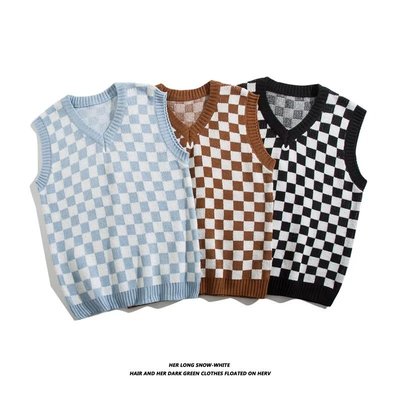 品质男装韩国经典复古格纹V领坎肩马甲 秋冬季英式学院风黑白格