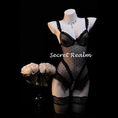 秘境「心动波点」性感睡裙蕾丝镂空珍珠诱惑透视纯欲连体网纱qqny