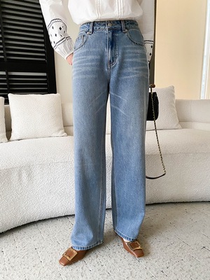 司南 早春新款 简约百搭复古高腰显瘦宽松直筒阔腿牛仔裤 SN8628