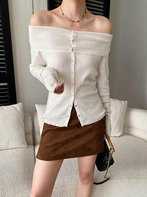 司南 时髦博主风 设计感一字领露肩翻领修身显瘦针织开衫 SN8726