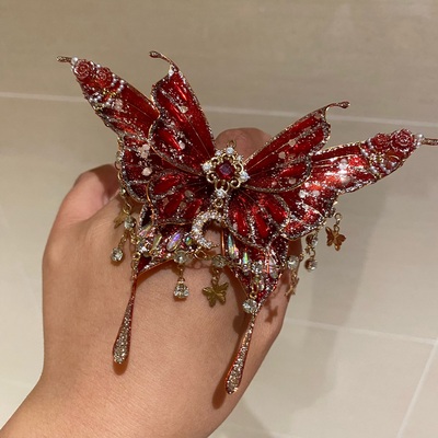 胭脂红原创手工蝴蝶开口戒指胸针发夹发簪项链小众青奢高级甜酷辣