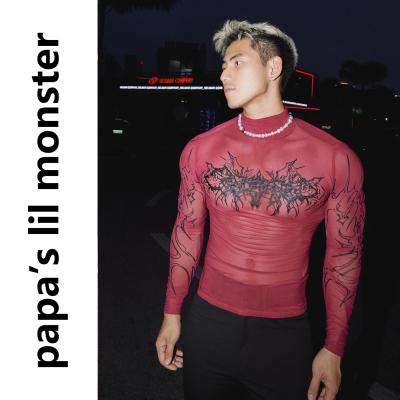 暗黑小众 美式复古休闲哥特印花长袖T恤男 夏季修身显瘦穿搭上衣