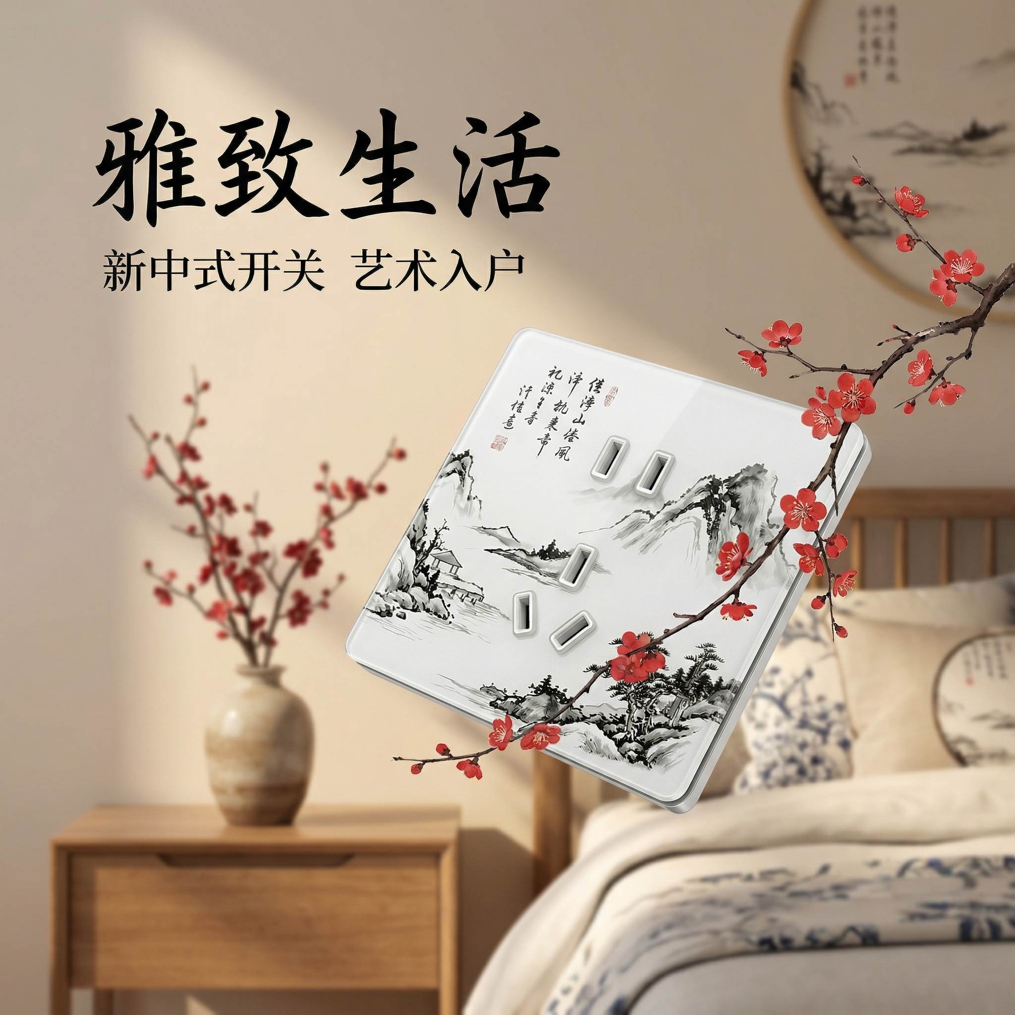 国际电工超薄玻璃中式山水墨画开关面板插座家用一开单联单控开关