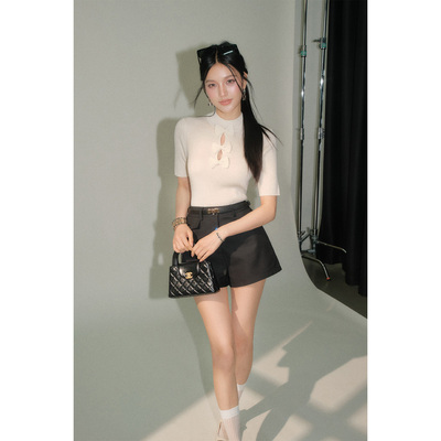 OLIVIA DUO半高领蝴蝶结短袖2026春夏新款纯欲风镂空紧身正肩上衣