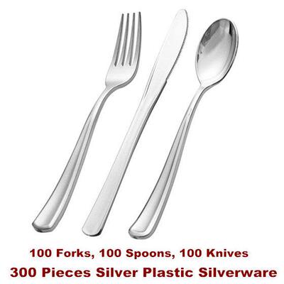 Silver Plastic Silverware Disposable Cutlery Forks Spoons