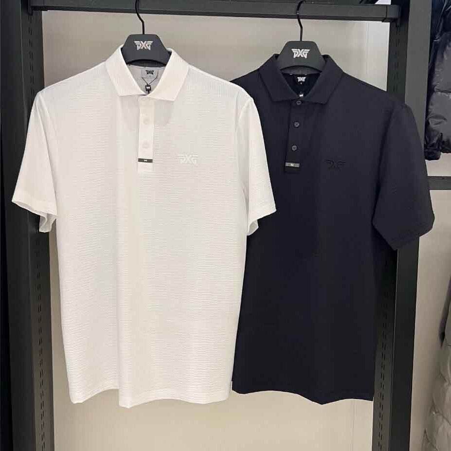 26新款PXG高尔夫服装男士泡泡格翻领刺绣手工四合扣速干凉感短袖