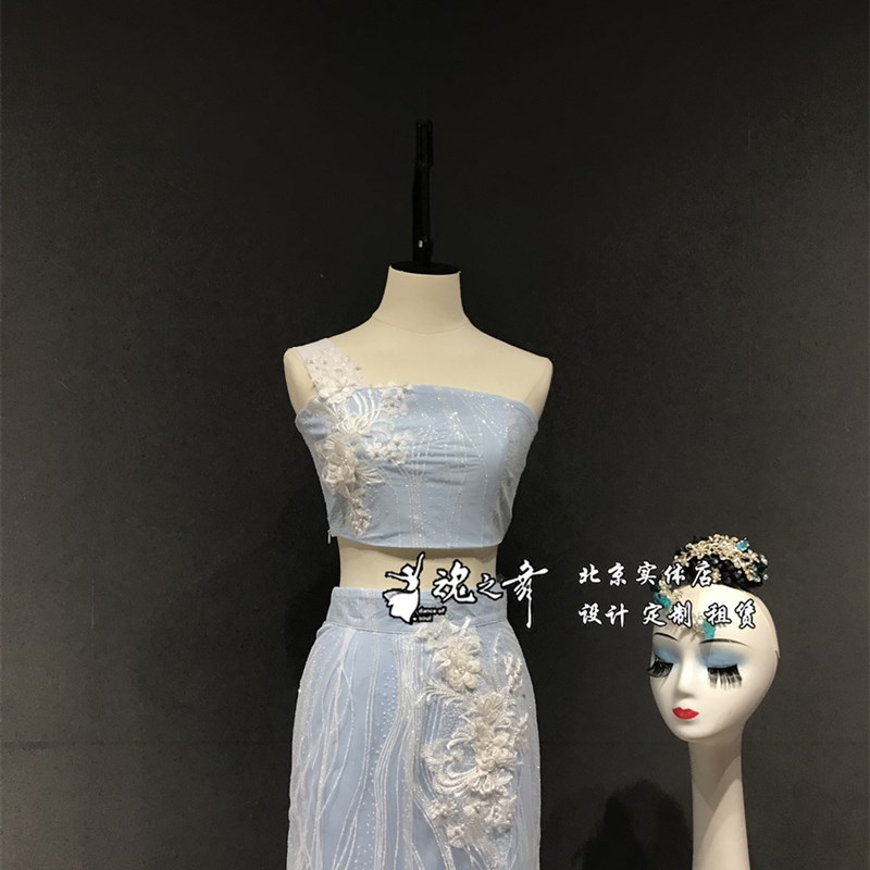 速发北京魂之舞专业傣族舞蹈服少数民族演出服蓝色傣族艺考练习裙