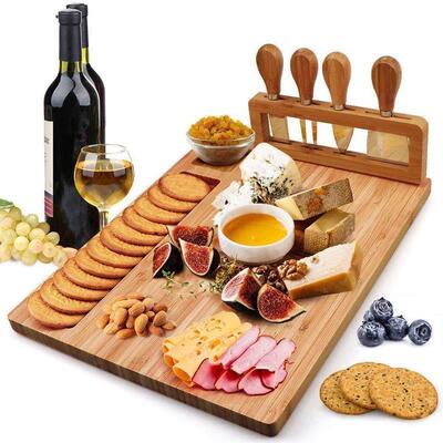 Bamboo Wood Cheese Cutting Board Cheese Slicer Fork Knife