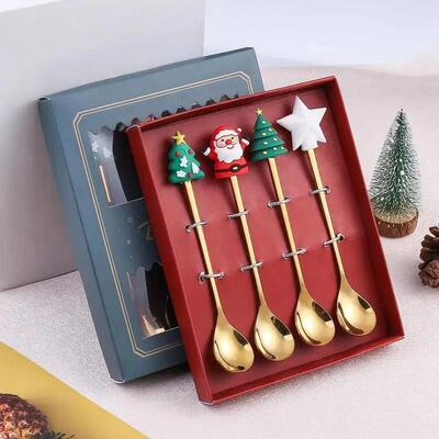 4pcs Christmas Coffee Spoons Forks Set Stainless Steel Spoon