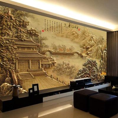 极速8D立体办公室壁纸中式山水画风景壁纸客厅电视背景.墙墙布财