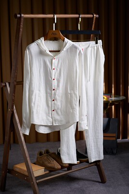 意式老钱风男装100%长绒亚麻连帽长袖衬衫夹克长裤休闲运动套装